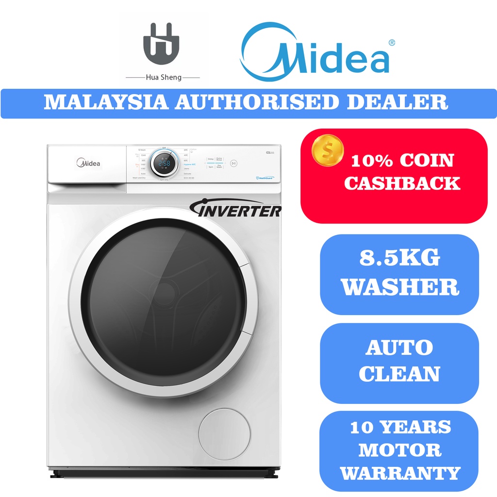MIDEA MF100W85B 8.5kg INVERTER Front Load Washing Machine Mesin Basuh ...