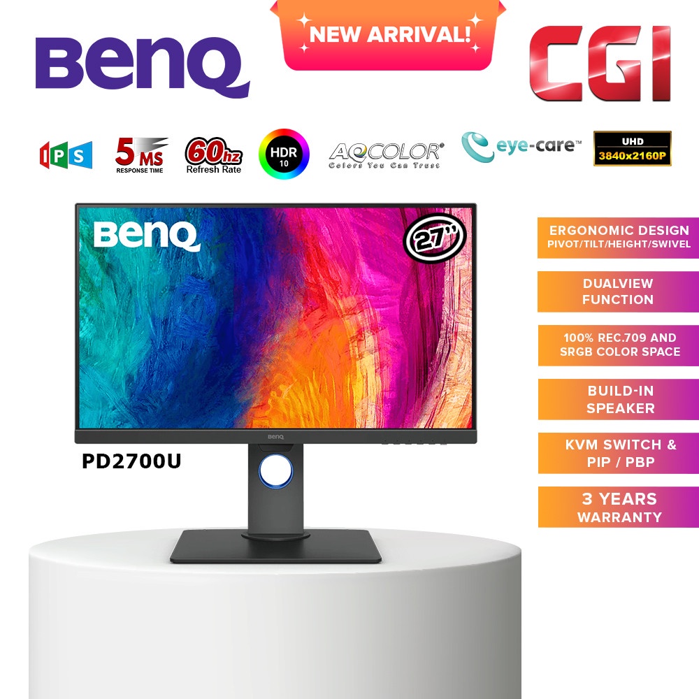 BenQ 27" PD2700U 4K UHD IPS 60Hz 5ms 100% Rec.709, 100% sRGB HDR10 Eye ...