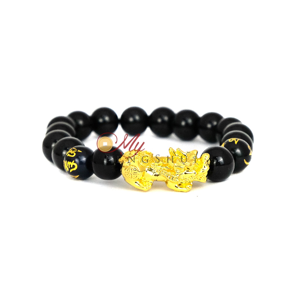 Feng Shui 10mm Gold Plated Piyao Black Obsisdian Bracelet Pixiu Pi Chiu ...
