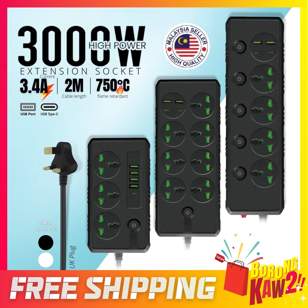 LUCKY HAWK 3.4A Power Socket USB Extension USB Port Type C UK Extension ...