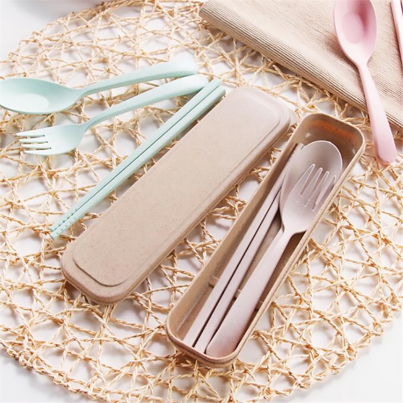 3pcs Travel Cutlery Portable Cutlery Box Japan Style Wheat Straw Knife ...