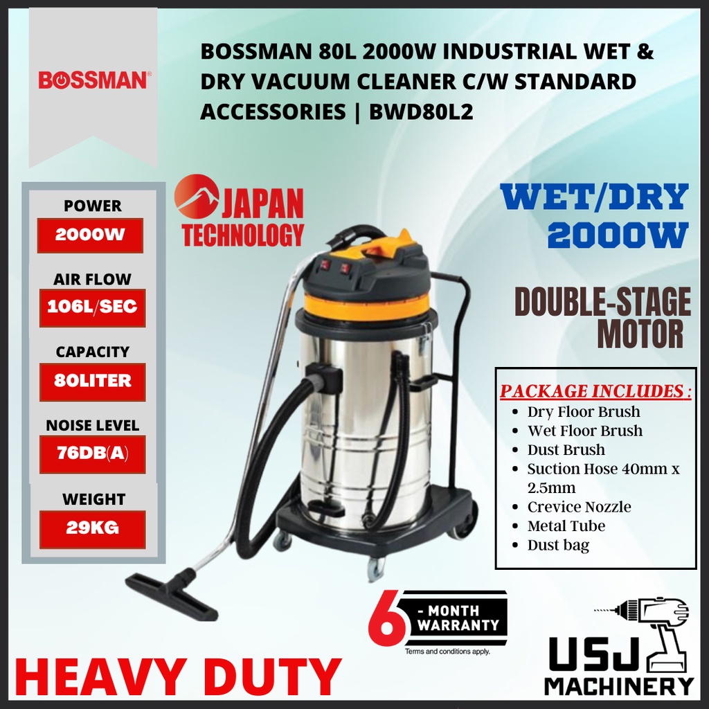 BOSSMAN 80L 2000W Industrial Wet & Dry Vacuum Cleaner c/w Standard ...