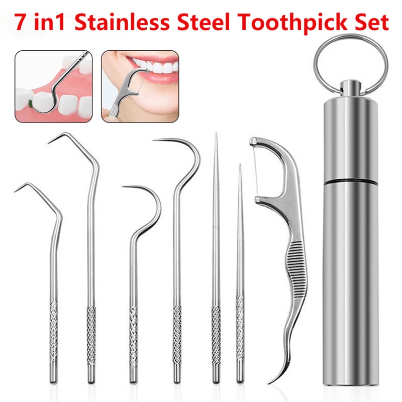 7 in 1 Toothpick Set Metal Stainless Steel Oral Cleaning Tooth Flossing ...