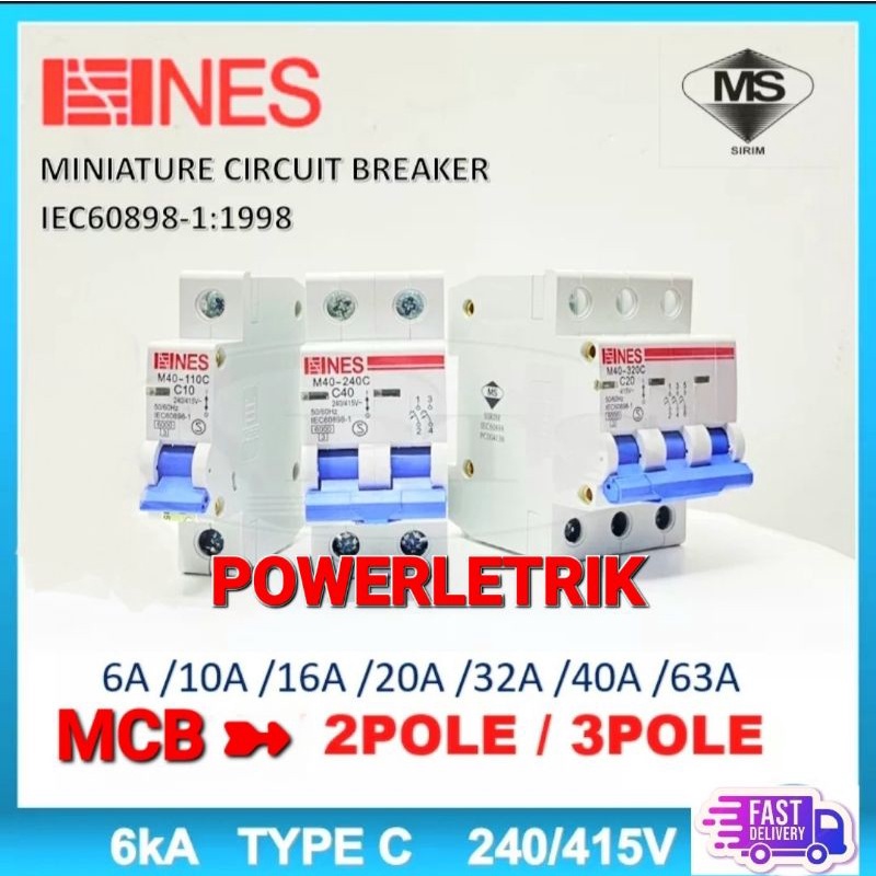 🔥READY STOCK🔥 NES 2 POLE 3 POLE MCB 10A 20A 32A 40A 50A 63A (MINIATURE CIRCUIT BREAKER) -6KA ...