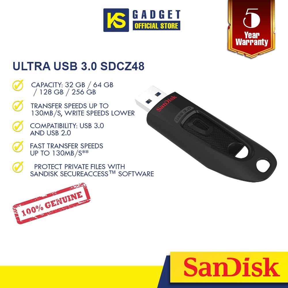 SanDisk Ultra CZ48 USB 3.0 Flash Drive Pendrive (16GB/32GB/64GB/128GB ...