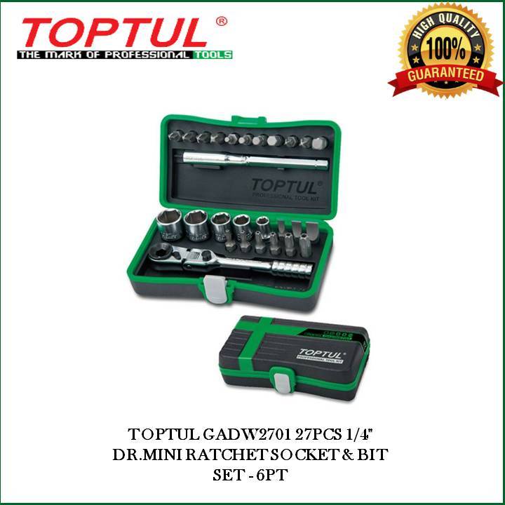 TOPTUL GADW2701 27PCS 1/4" DR.MINI RATCHET SOCKET & BIT SET - 6PT ...