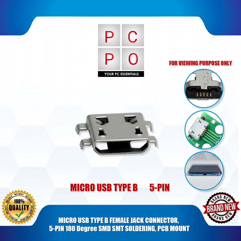 MICRO USB TYPE B FEMALE JACK CONNECTOR, 5-PIN 180 Degree SMD SMT ...