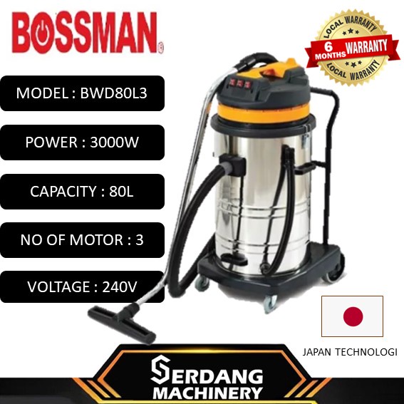 BOSSMAN BWD80L3 80L Industrial Wet & Dry Vacuum Cleaner 3000W c/w ...