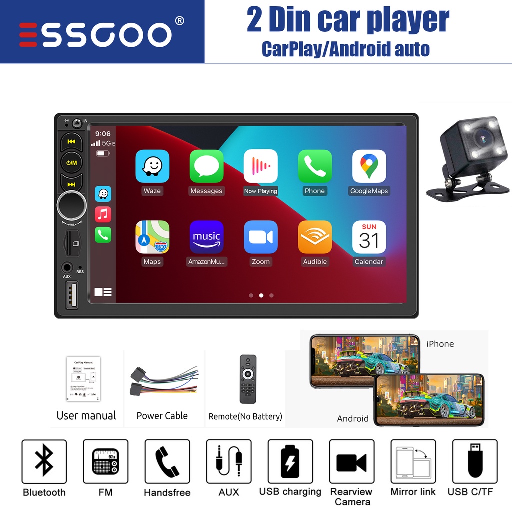 ESSGOO 2 Din 7 inch Car MP5 player Bluetooth Stereo Radio Multimedia Carplay Android Auto Touch ...