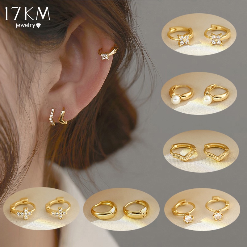 17KM Gold Silver Hoop Earring Temperament Crystal Pearl V Shape ...