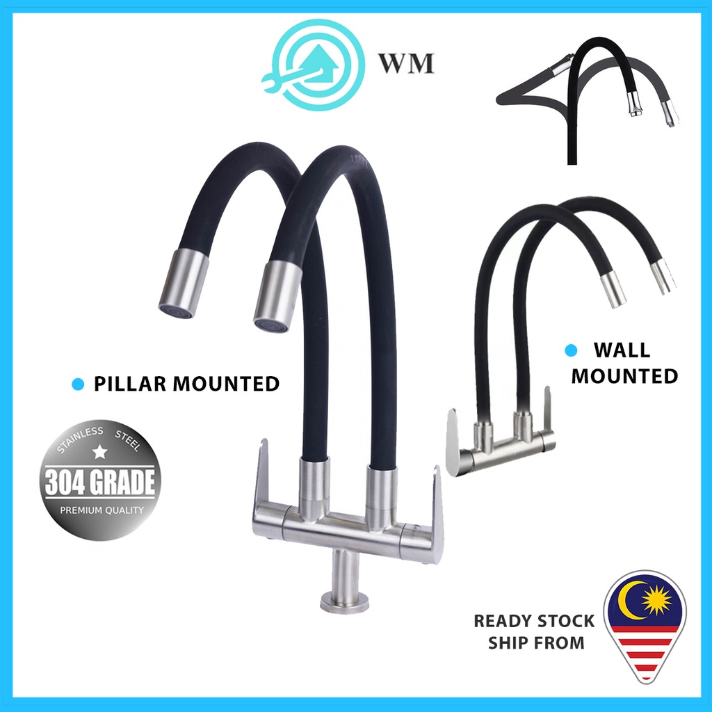 WM Kitchen Faucet Double Black Flexible Silicone Stainless Steel SUS ...
