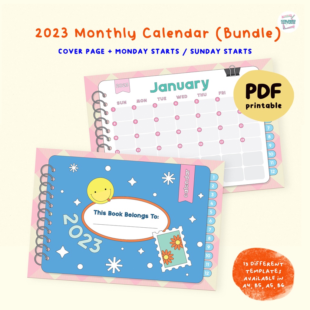 12 Months Dated Cute 2023 Monthly Calendar Planner + Front Cover Page ...