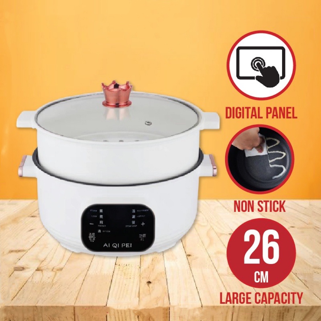 🇲🇾🐸Multifunction Electric Non Stick Digital Automatic Cooker AI QI PEI Steamboat Pot Steamer Fry ...