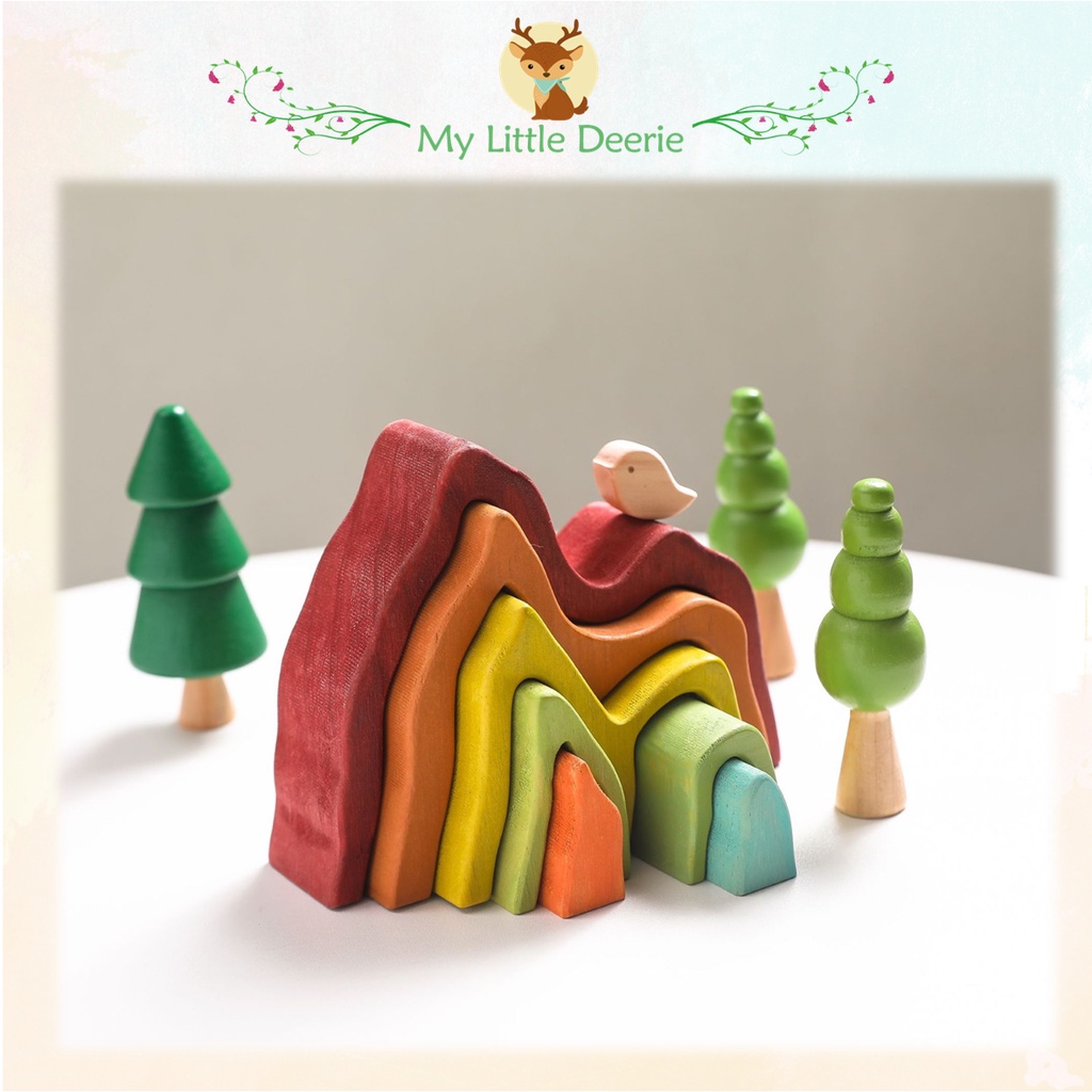 Wooden Rainbow Mountain Forest Trees Building Blocks Open-Ended Play ...
