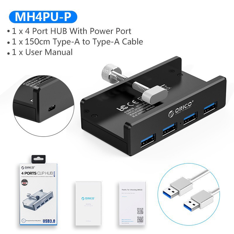 ORICO USB 3.0 Clamp Hub Aluminum 4-Port USB Hub 3.0 with Extra Power Supply Port and 150CM USB ...