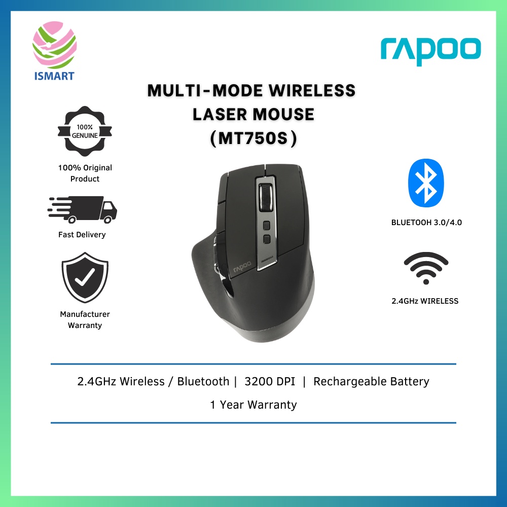 RAPOO MT750S RECHARGEABLE MULTI-MODE WIRELESS MOUSE / BLUETOOTH MOUSE ...