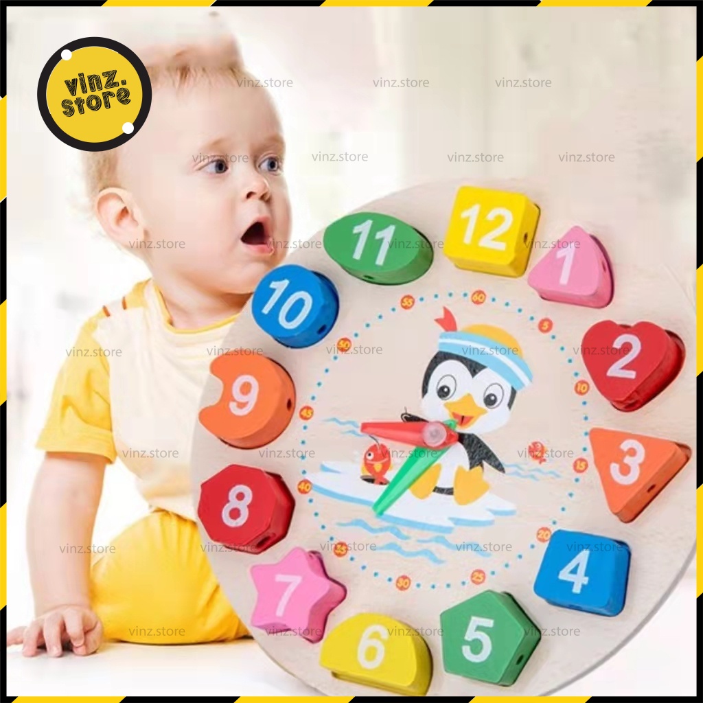 Children Wooden Clock Color Blocks Number Shape Montessori Educational ...