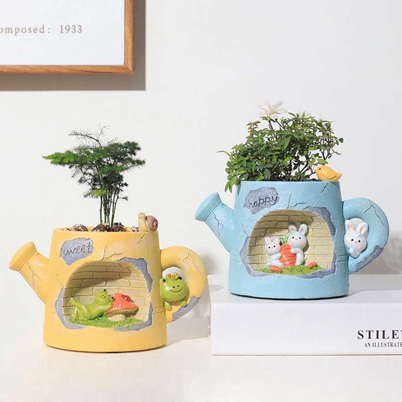 Unique Watering Can Shape Flower Pot Cute Resin Pot Cartoon Landscape ...