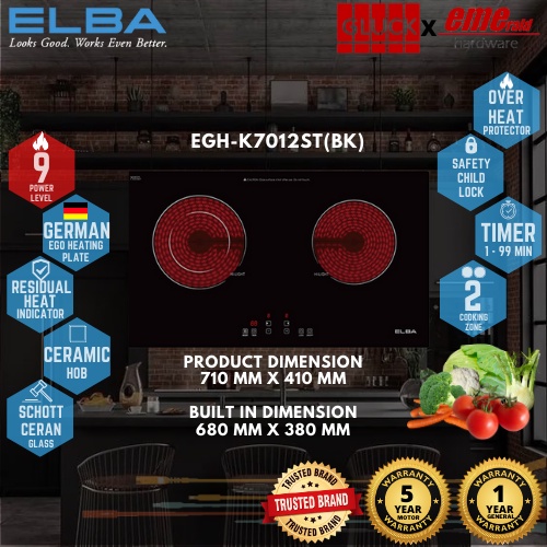 ELBA Built-in Ceramic Hob ECH-K7012ST(BK)- with Residual Heat Indicator ...