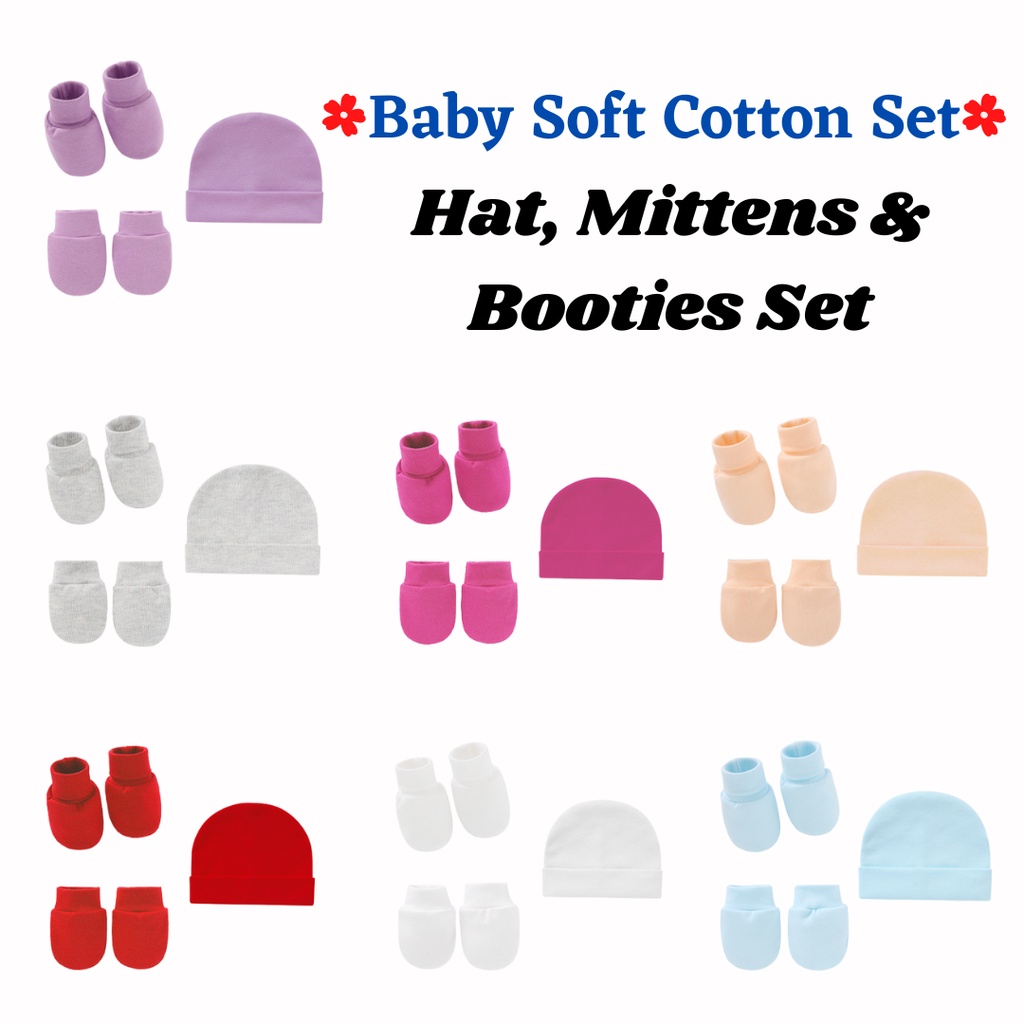 Cute Newborn Baby Soft Cotton Hat Mitten and Booties Set | Topi Sarung ...