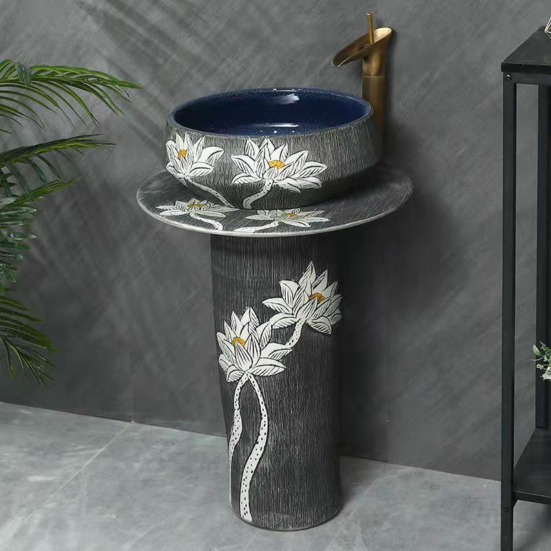 Ceramic Pillar Basin Floor Integrated Washbasin Retro Wash Basin ...