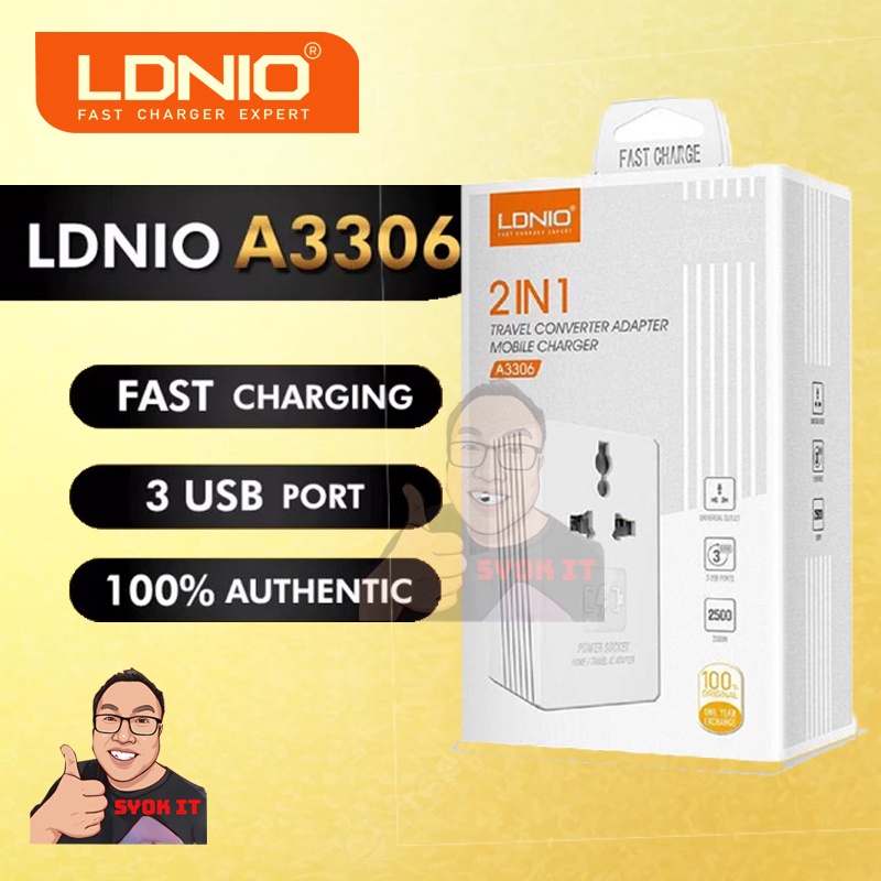 LDNIO A3306 2-IN -1 TRAVEL CONVERTER 3 USB PORTS ADAPTER 5V/3A FAST CHARGING INPUT 100 - 240V ...