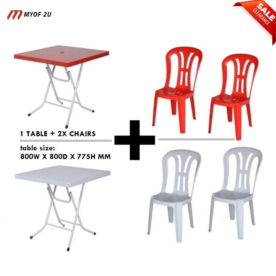 FOLDABLE PLASTIC SQUARE TABLE (RED/WHITE) + 2 UNIT PLASTIC CHAIRS ...