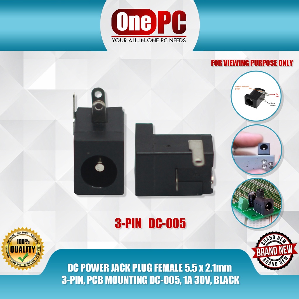 DC POWER JACK PLUG FEMALE 5.5x2.1mm 3-PIN, PCB MOUNTING DC-005, 1A 30V ...