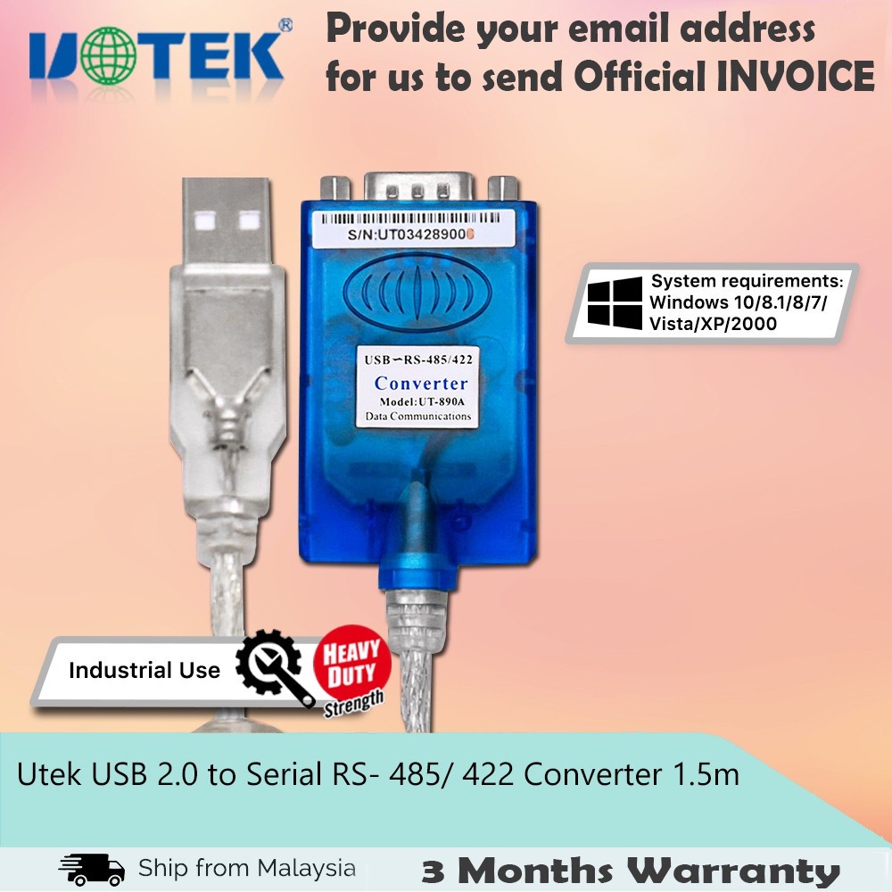 UTEK UT-890A UT-891 FDTI FT232 1.5m USB to RS485/RS422 DB9 serial Converter Win XP/7/8/10/11 ...
