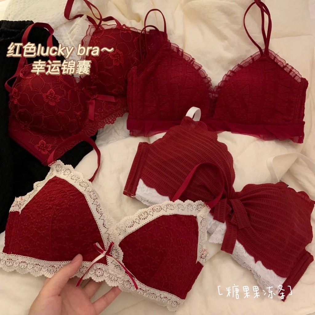 Chinese New Year red color underwear female small chest gathered sexy ...