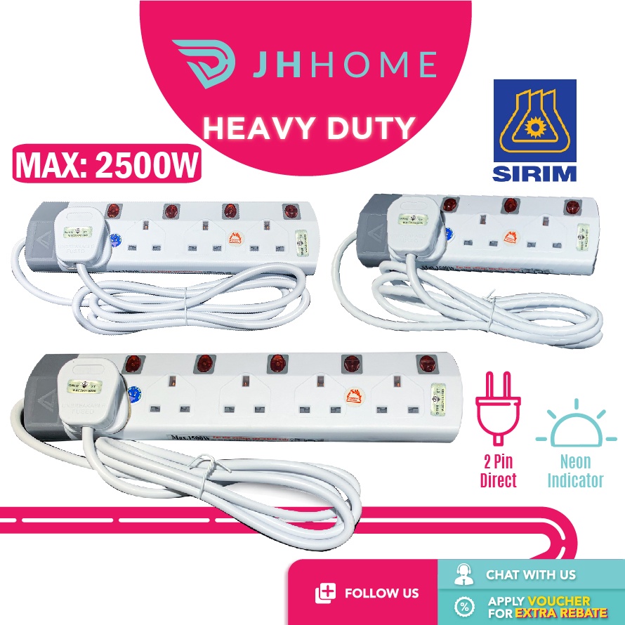 Heavy Duty 2500W Extension Trailing Socket 3 / 4 / 5 Gang 2 Meter Extention Plug 1.25mm x 3 Core ...