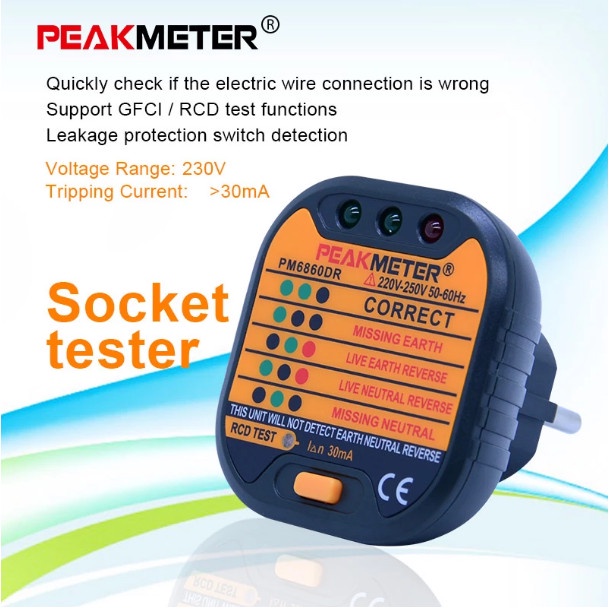 Peakmeter PM6860 SERIES SOCKET TESTER 110V/220V WITH GFCI RCD TEST ...