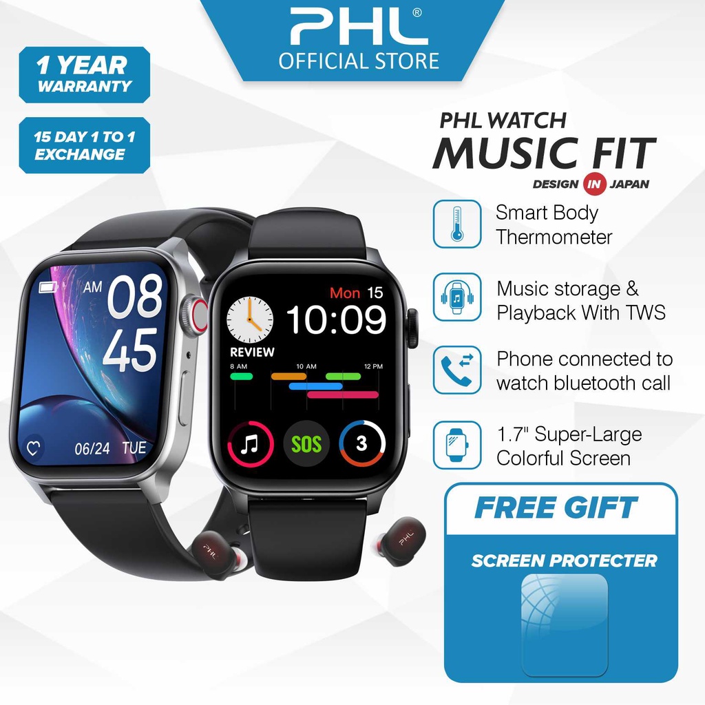 PHL Watch Music Fit Smartwatch Wearables Built-in Thermometer Music Storage and Playback ...