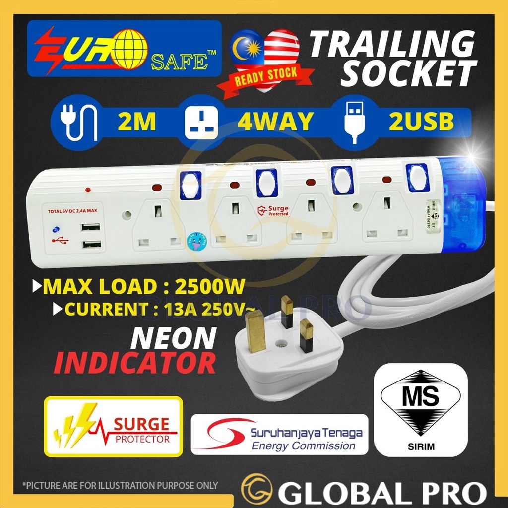 [sirim] Eurosafe 2 Meter 4 Way 2 Usb Trailing Extension Socket Surge Protection Extension Cords