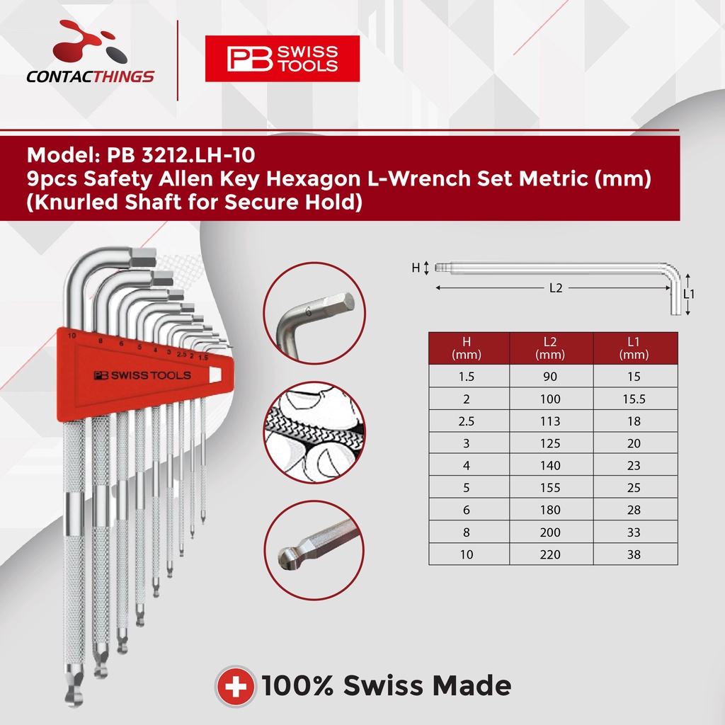 PB SWISS TOOLS 9pcs Safety Allen Key L-Wrench Set (mm) PB 3212.LH-10 (Knurled Shaft for Secure ...