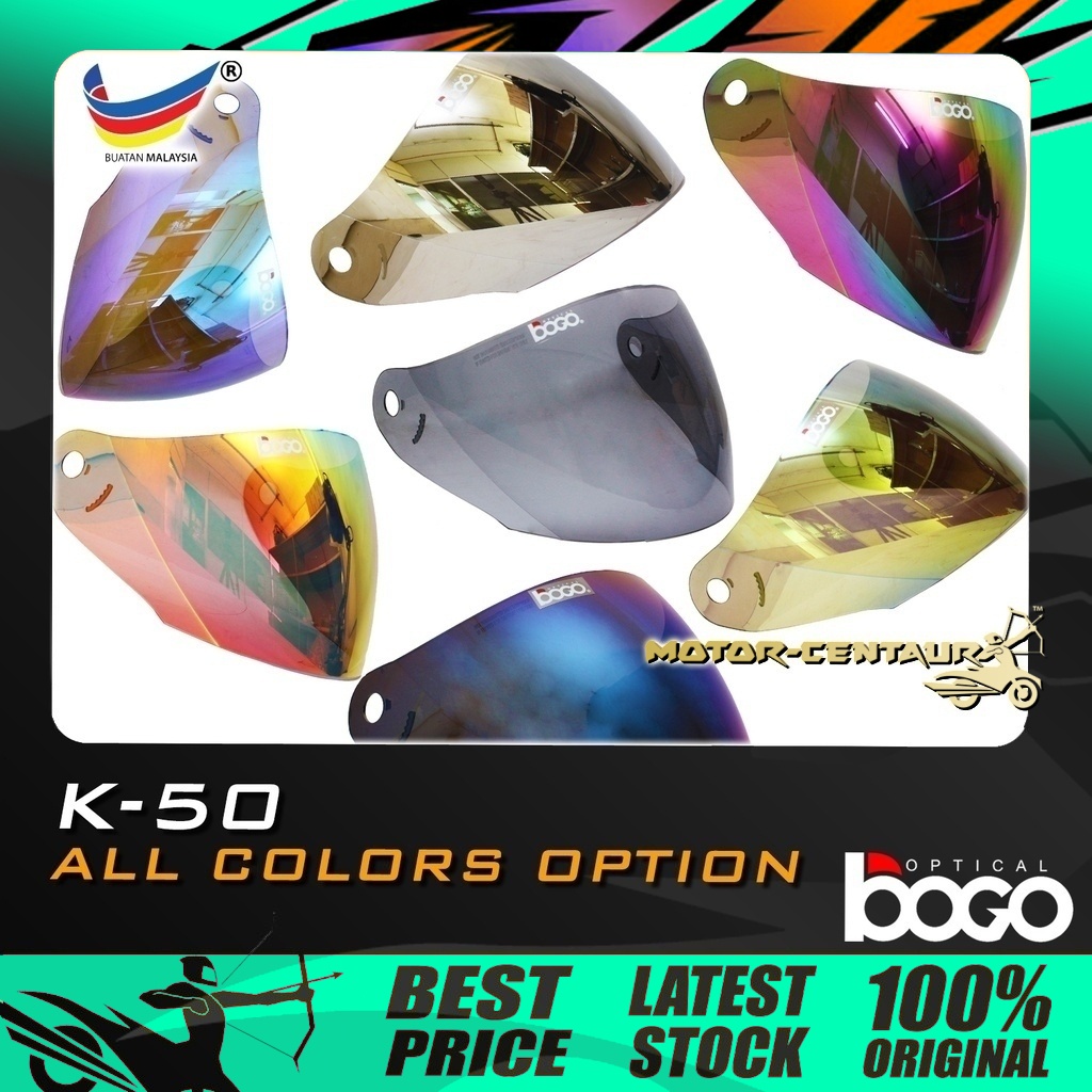 BOGO K-50 (K50) VISOR (TINTED.SMOKE,IRIDIUM,SILVER,GOLD,RAINBOW,CRYSTAL,GREEN,ORANGE,RED,BLUE ...
