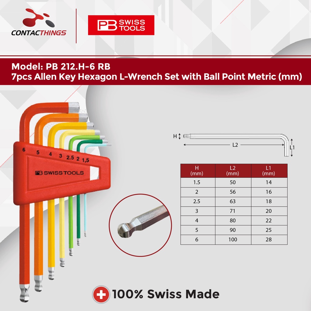 PB SWISS TOOLS 7pcs Allen Key Hexagon L-Wrench Set with Ball Point Metric (mm) PB 212.H-6 RB ...