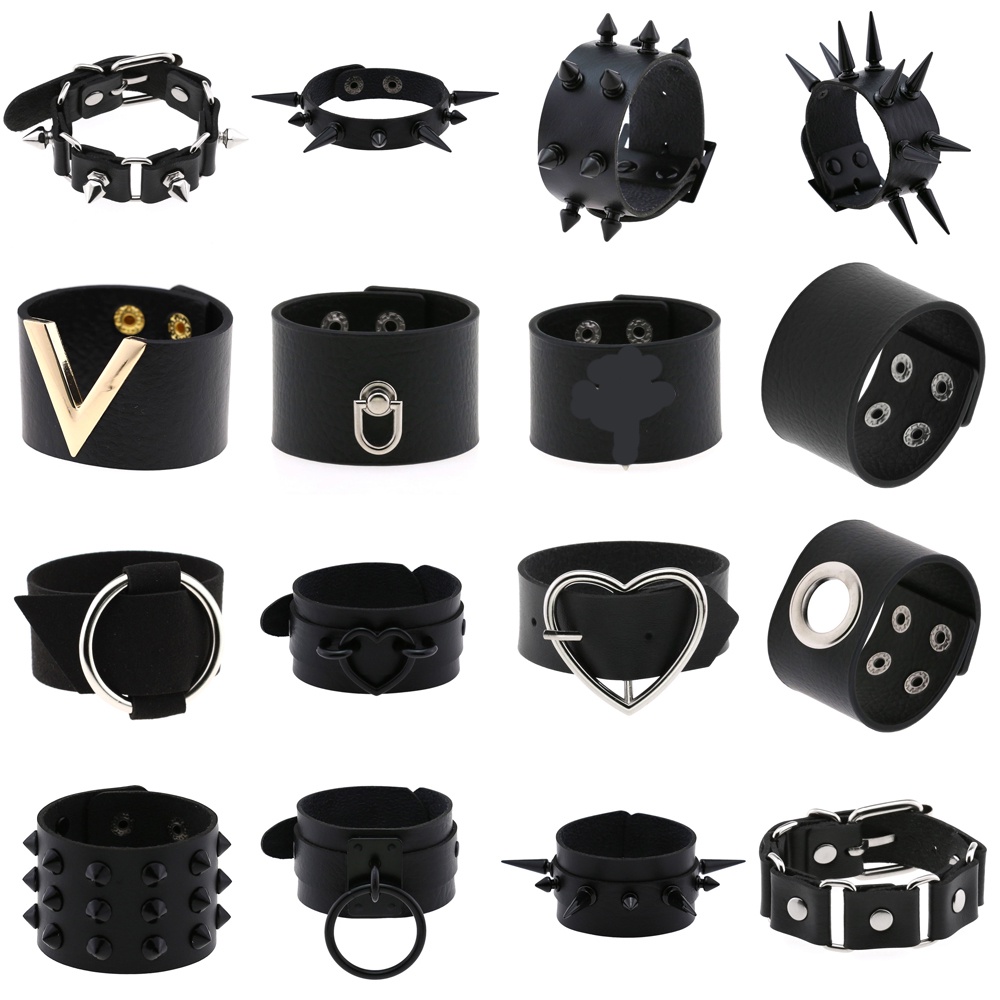 Black Goth Bracelets For Women Punk Boho Emo Spike Rivets PU Leather ...