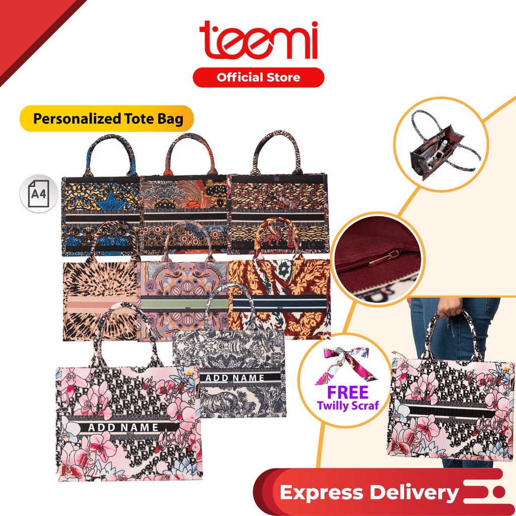 TEEMI Personalized Tote Bag Letak Nama Logo Custom Name Printing Floral ...