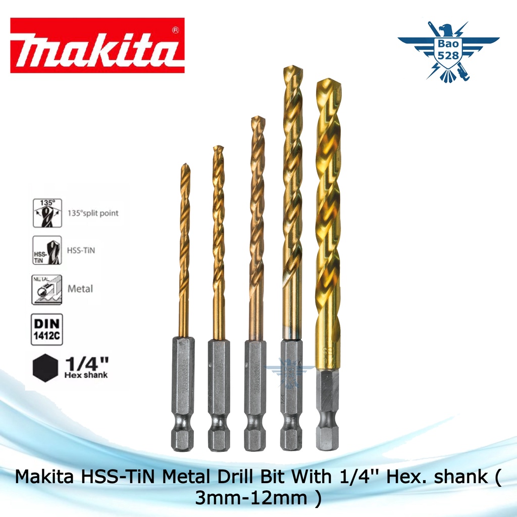 Makita HSS-TiN Metal Drill Bit With 1/4'' Hex. shank ( 3mm-12mm ...