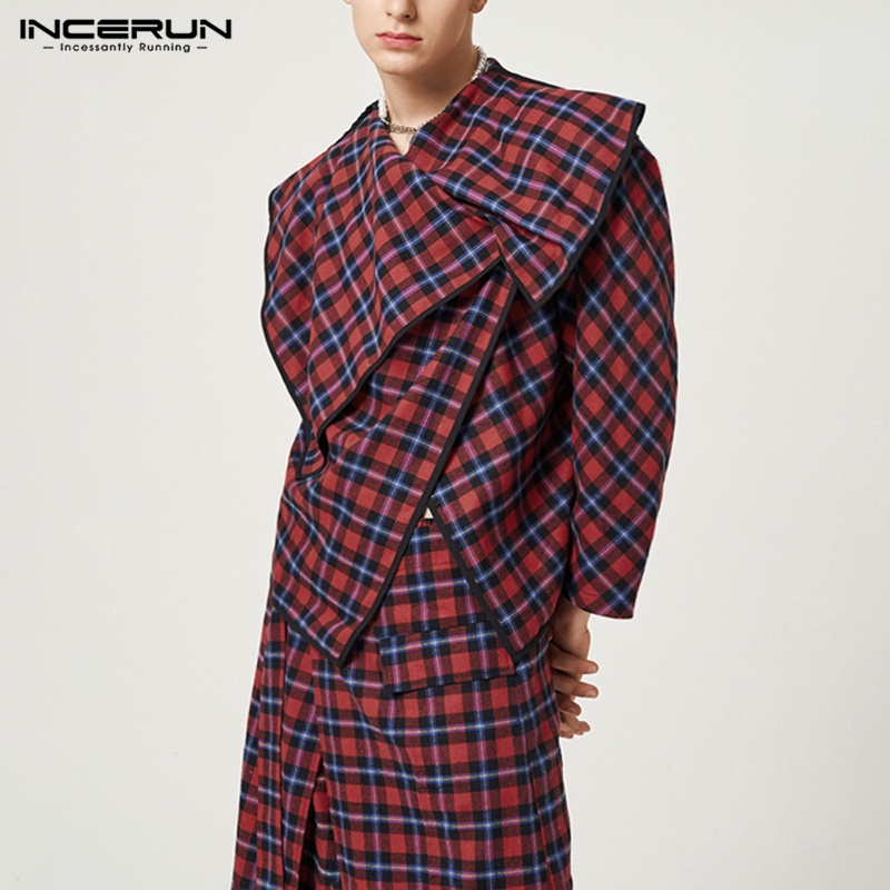 INCERUN Men's Fashion Irregular Style Checkered Long Sleeve Heaps ...