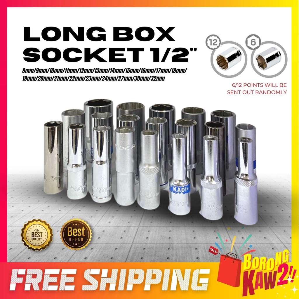 1/2" Inch Deep Long Box Socket 6 / 12Points Heavy Duty for Ratchet ...