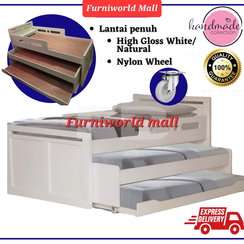 Wooden single / super single Bed with double Pullout. Katil 3 tingkat ...