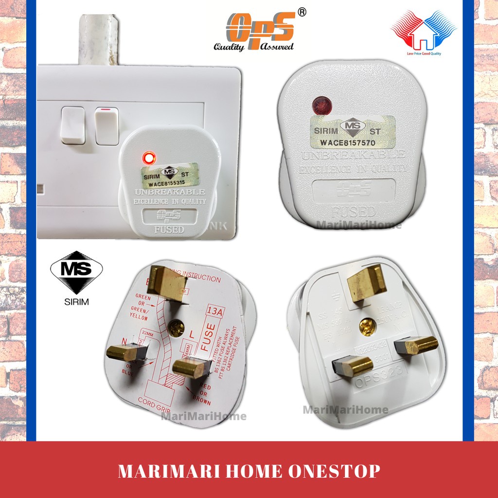 OPS 13A 3 PIN Plug Top with Neon Light Kepala Plug Elektrik dengan ...