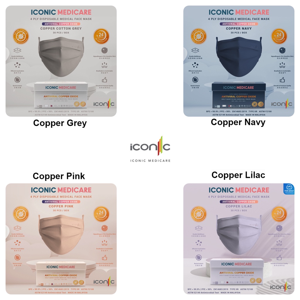 Iconic 4 Ply Antiviral Copper Medical Face Mask - Plain (30pcs ...