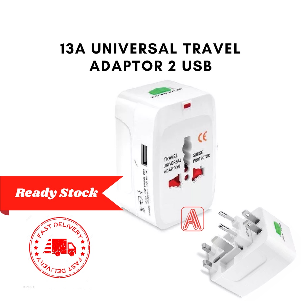 13a Universal Travel Adaptor 2 USB Worldwide All In One Multi Plug ...