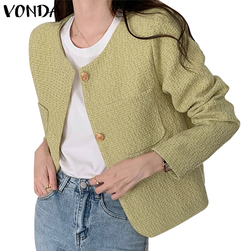VONDA Women Korean Round Neck Long Sleeve Button Up Patch Pocket ...
