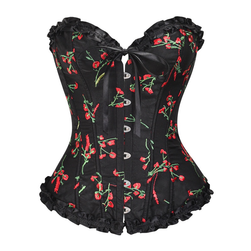 Women Black Pleated Trim Floral Pirnted Overbust Corset Shopee Malaysia