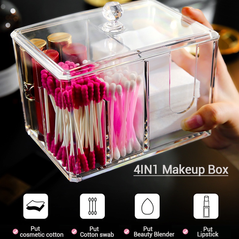 Transparent Acrylic Make Up Cotton Pad Holder 4IN1 Makeup Box Portable ...