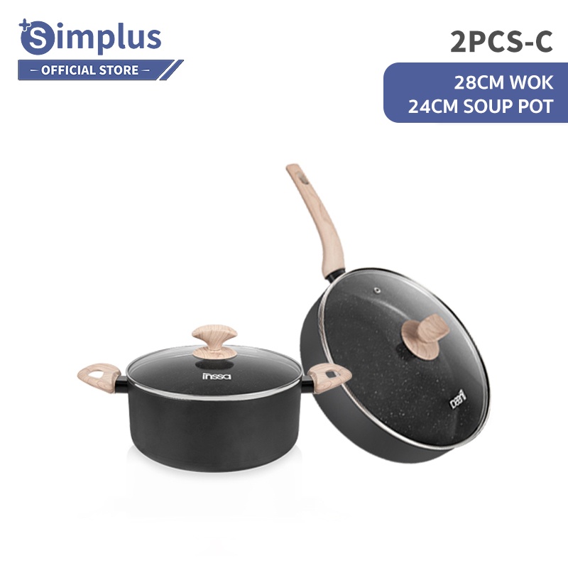 Simplus 7Pcs Cookware Set 24cm Fry Pan/24cm Soup Pot/28cm Wok/18cm Sauce Pot Non Stick Coating ...